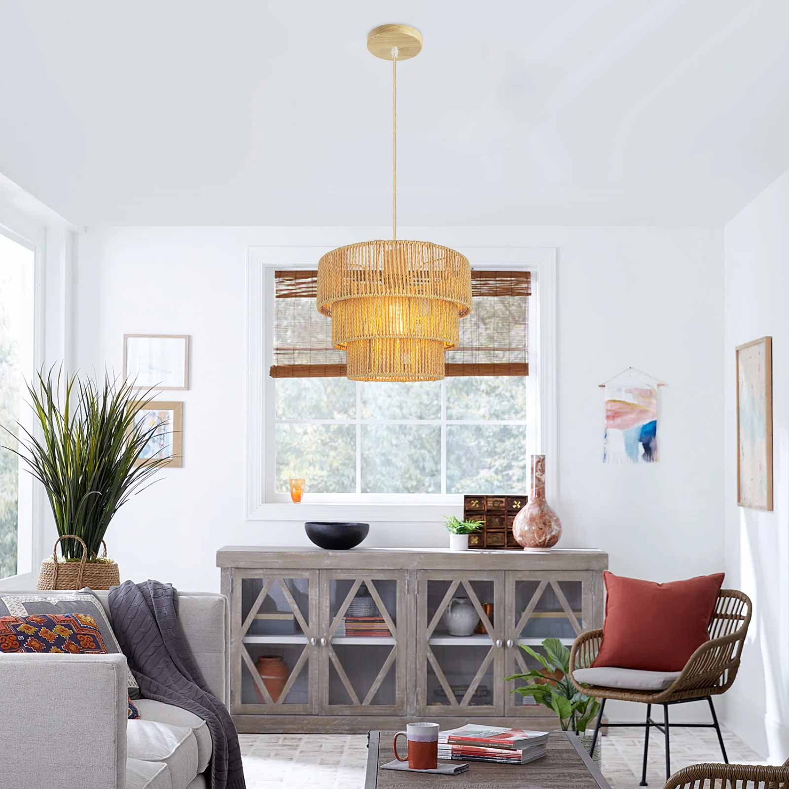 ArcoMead Rattan Ceiling Lamp, Handmade Foldable 3 Layers of Lampshade ...