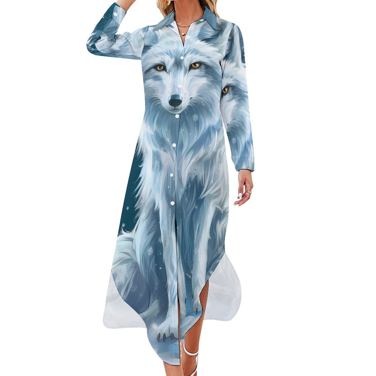 Arctic Fox in The Snow Women's Maxi T Shirt Dress Long Sleeve Lapel ...