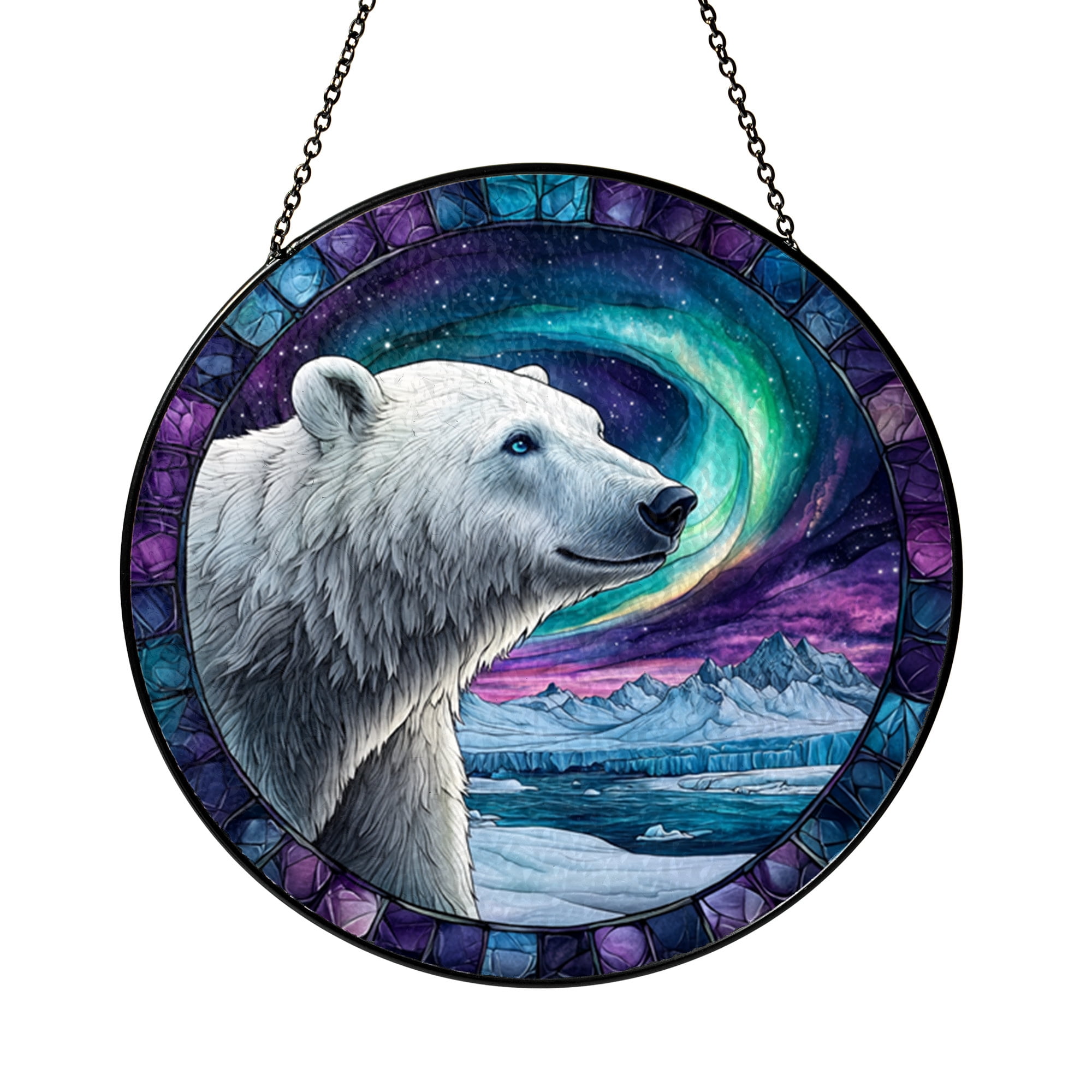 Arctic Polar Bear Night Scene Stained Glass Window Hanging, Decorative ...