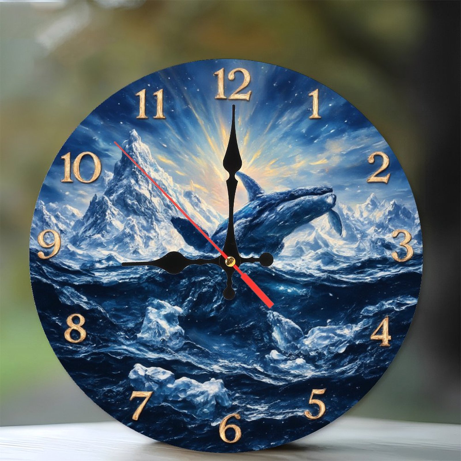 Arctic Whale Ocean Sunrise Wall Clock 10-Inch Silent Wooden Wall Clock ...