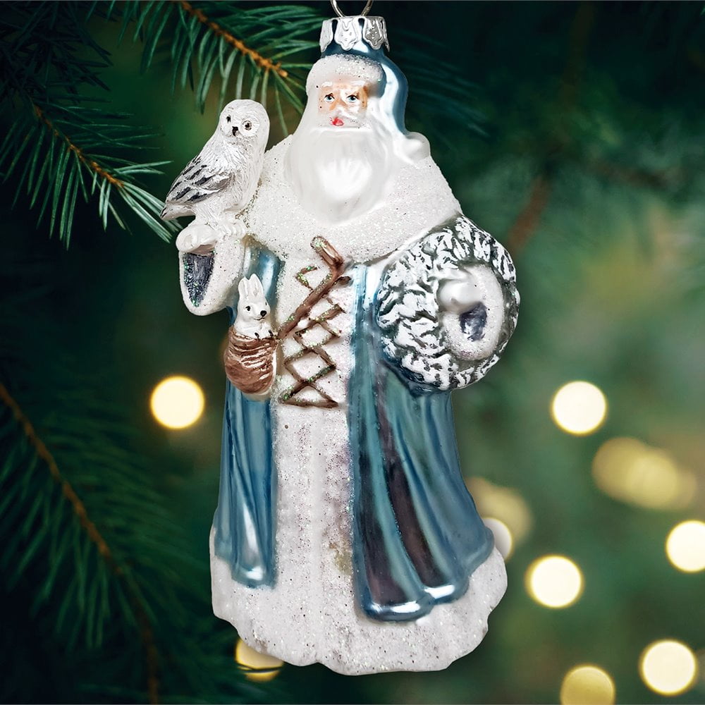 Arctic Whispers Santa Glass Christmas Ornament, Snowy Winter Theme with Light Blue Robe ...