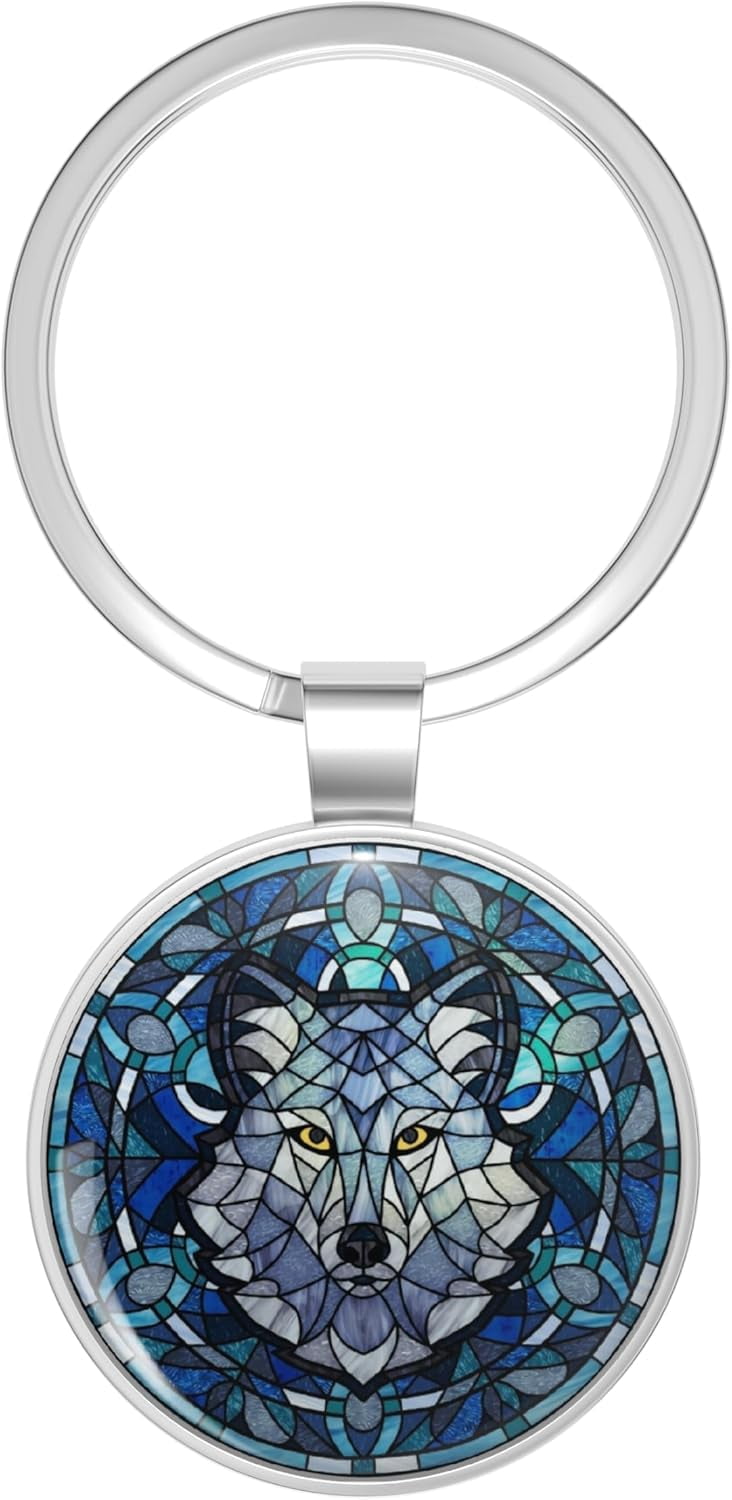Arctic Wolf Blue Round Stained Glass Stainless Steel Keychain with Ring ...