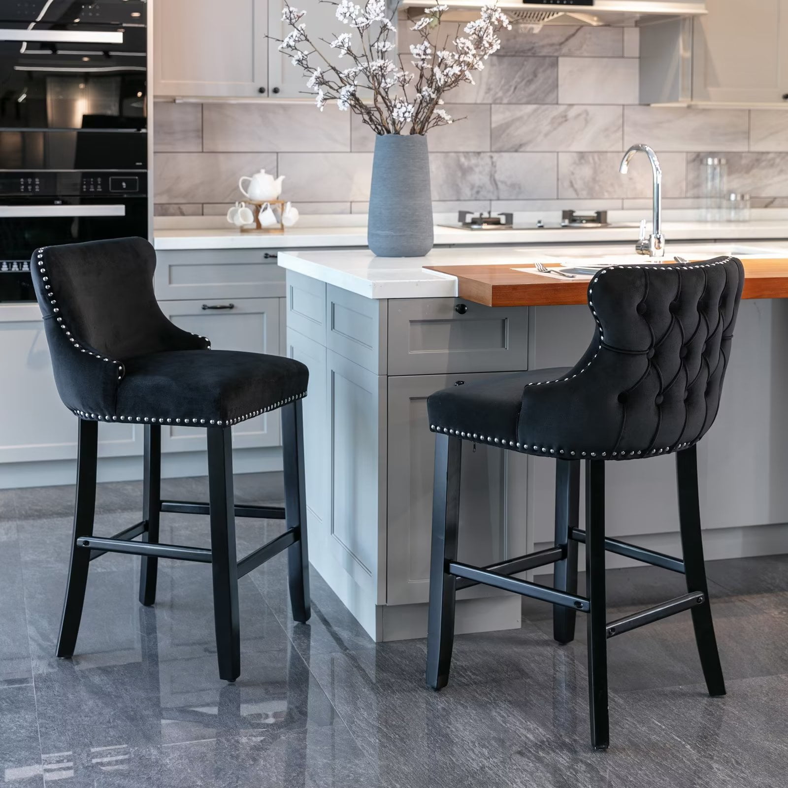 2 Velvet Black Bar Stools, Wing-Back, Button Tufted, Nailhead Trim ...
