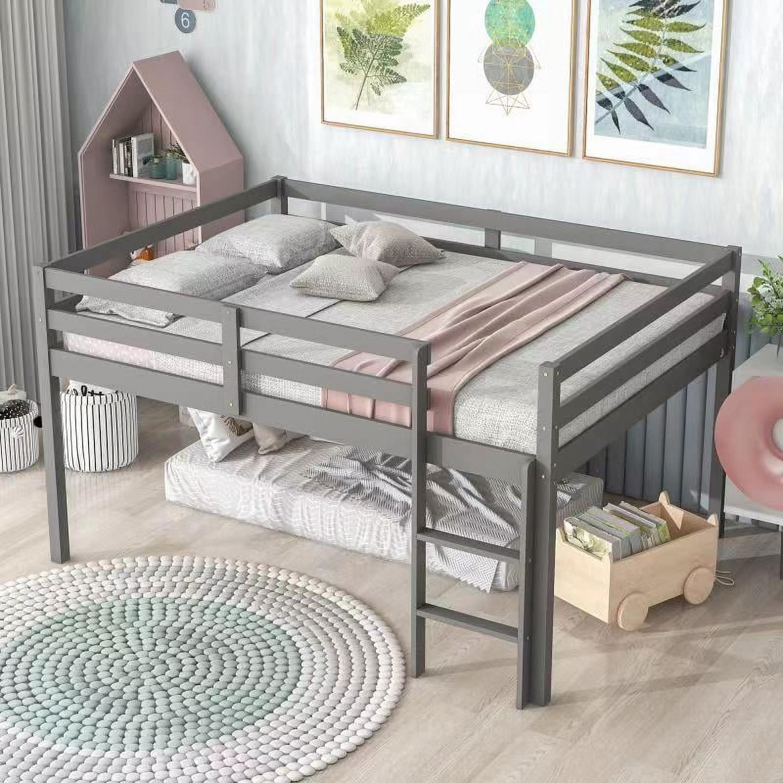 Full Size Loft Bed, Solid Wood, Guardrail, Built-in Ladder, Underbed ...