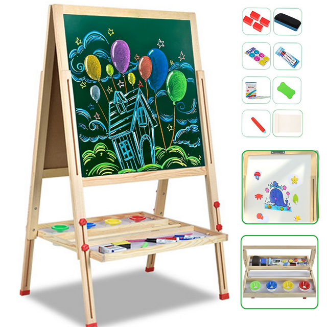 Arcwares Woodenland Art Easel for Kids, Double-Sided Magnetic ...