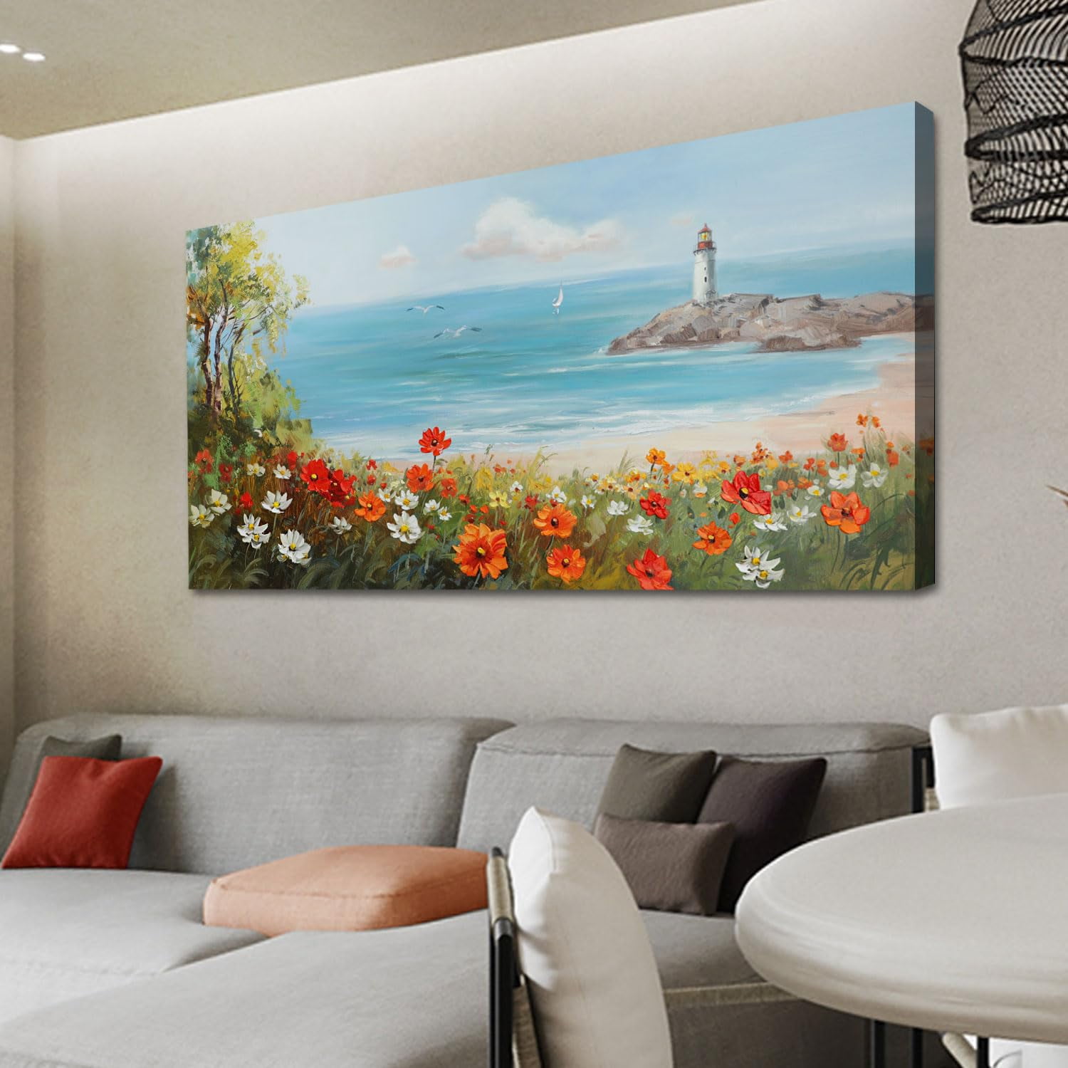 Ardemy Flowers Wall Art Canvas Blue Ocean Lighthouse Seascape Landscape Coastal Picture Textured ...