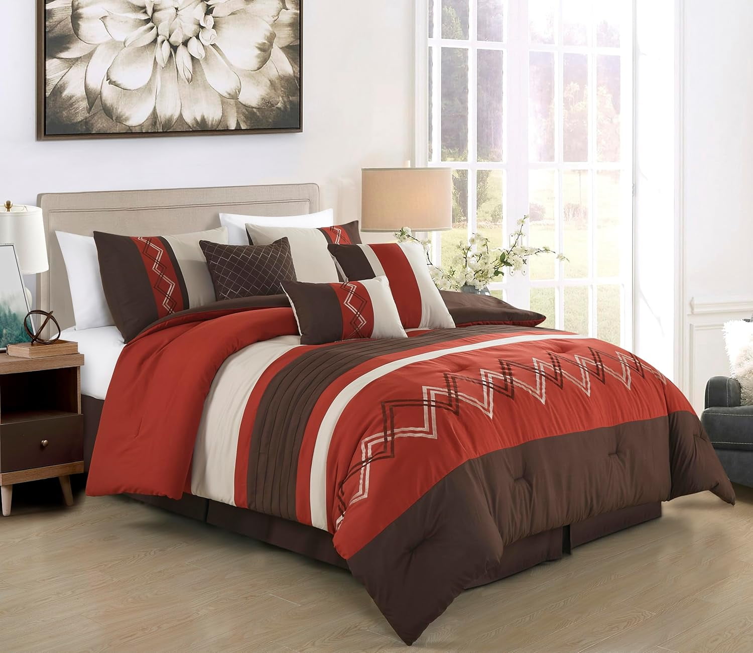 Arden 7-Piece Modern Pleated Stripe Embroidered Zigzag Bedding ...