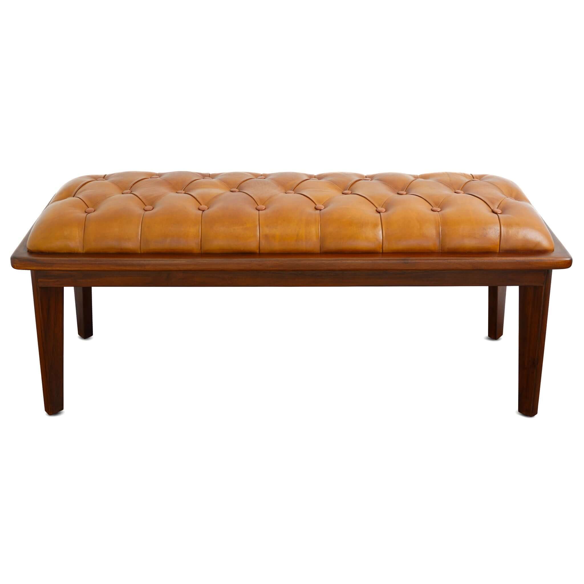 Arden Tan Leather Bench with Buttons,Brown,Rustic,Tan Genuine Leather ...
