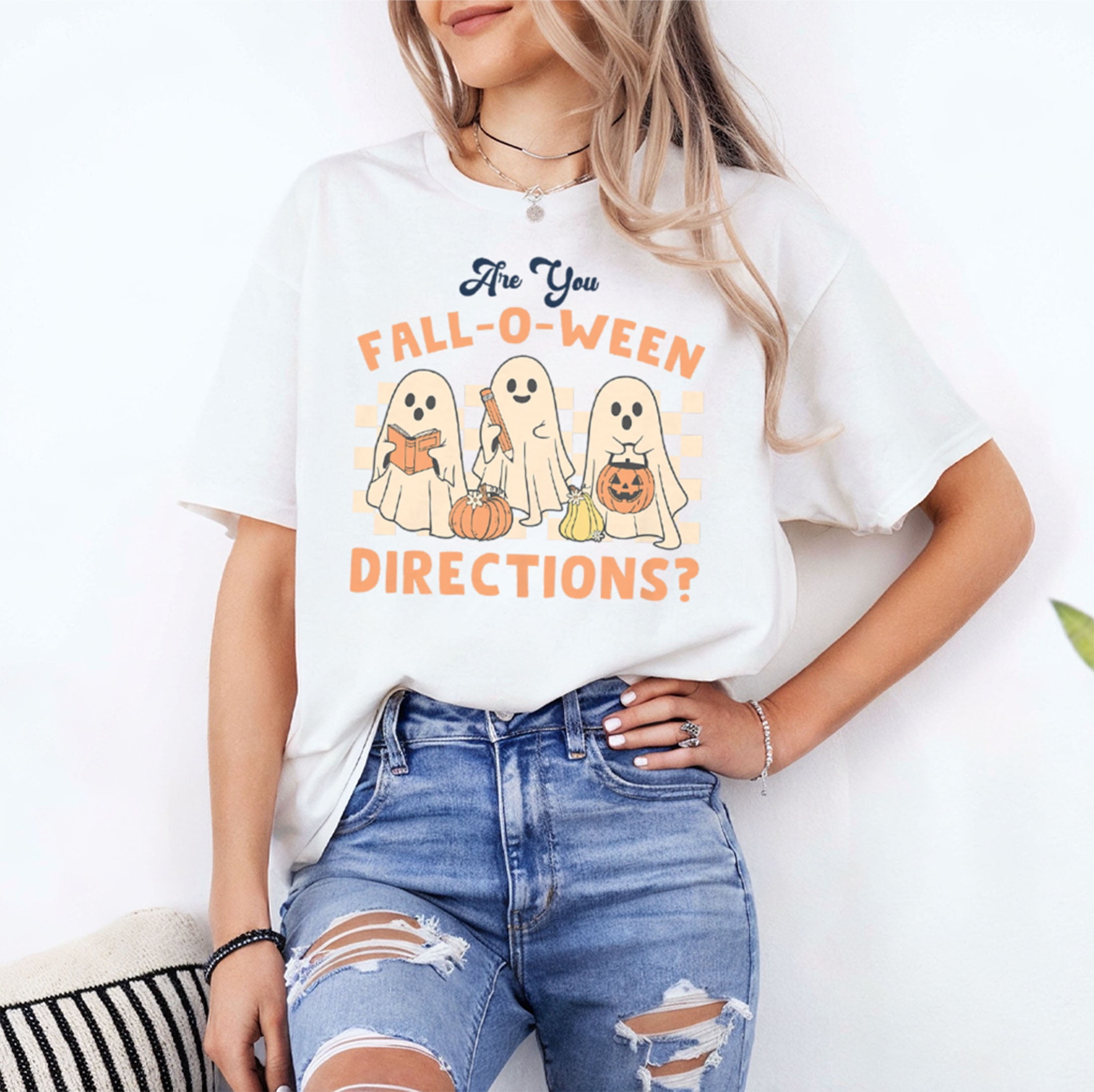 Are You Fall O Ween Directions Teacher Halloween Ghost Retro T-Shirt ...