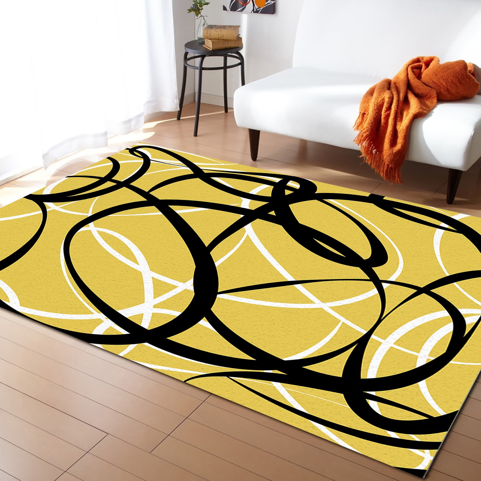 Area Rug 2'7''x5' Abstract Geometric Black and White Curve Yellow ...