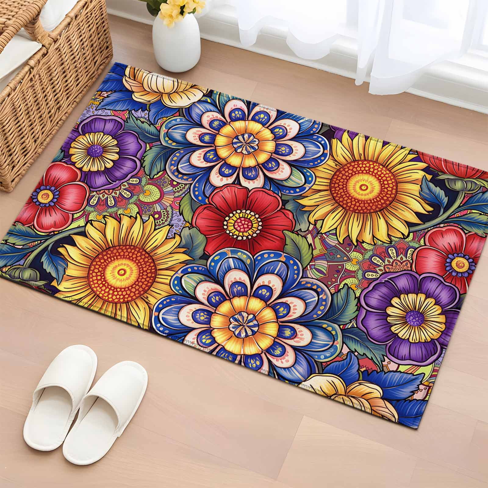 Area Rug 2 x 3 Ft, Boho Blue Flower Indoor Accent Bathroom Rugs for ...