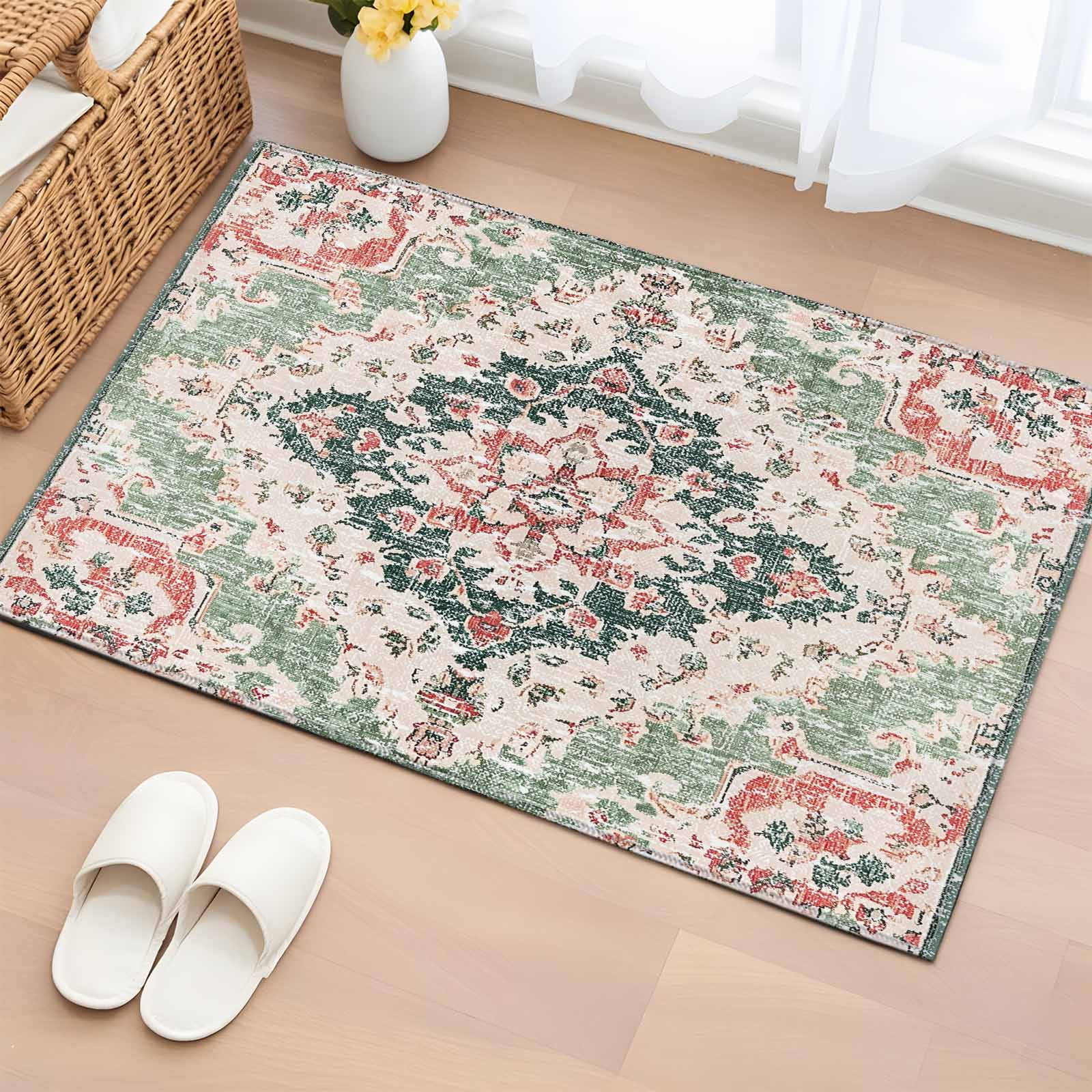 Area Rug 2 x 3 Ft, Green Pink Boho Floral Indoor Accent Bathroom Rugs ...