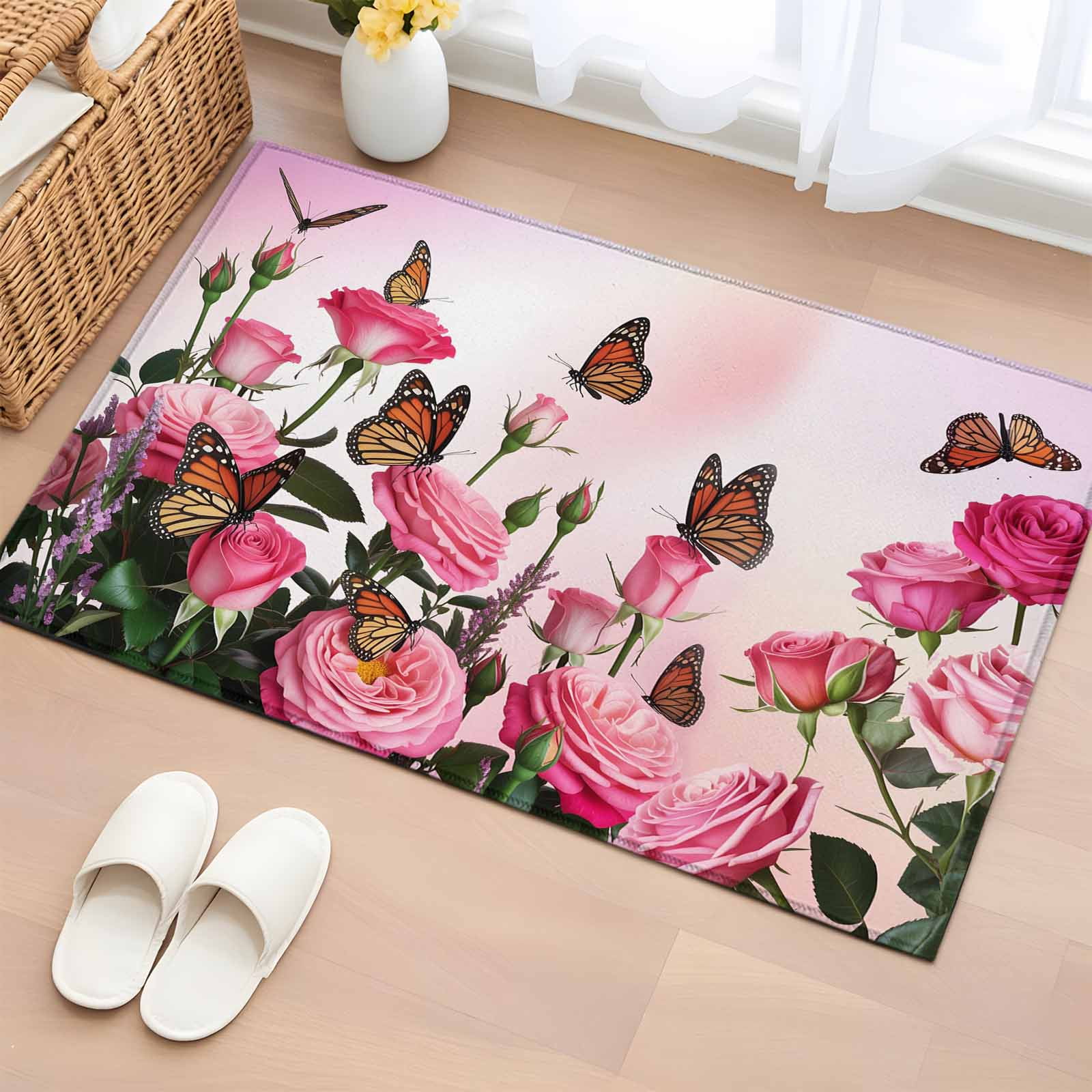 Area Rug 2 x 3 Ft, Pink Roses Indoor Accent Bathroom Rugs for Kitchen ...