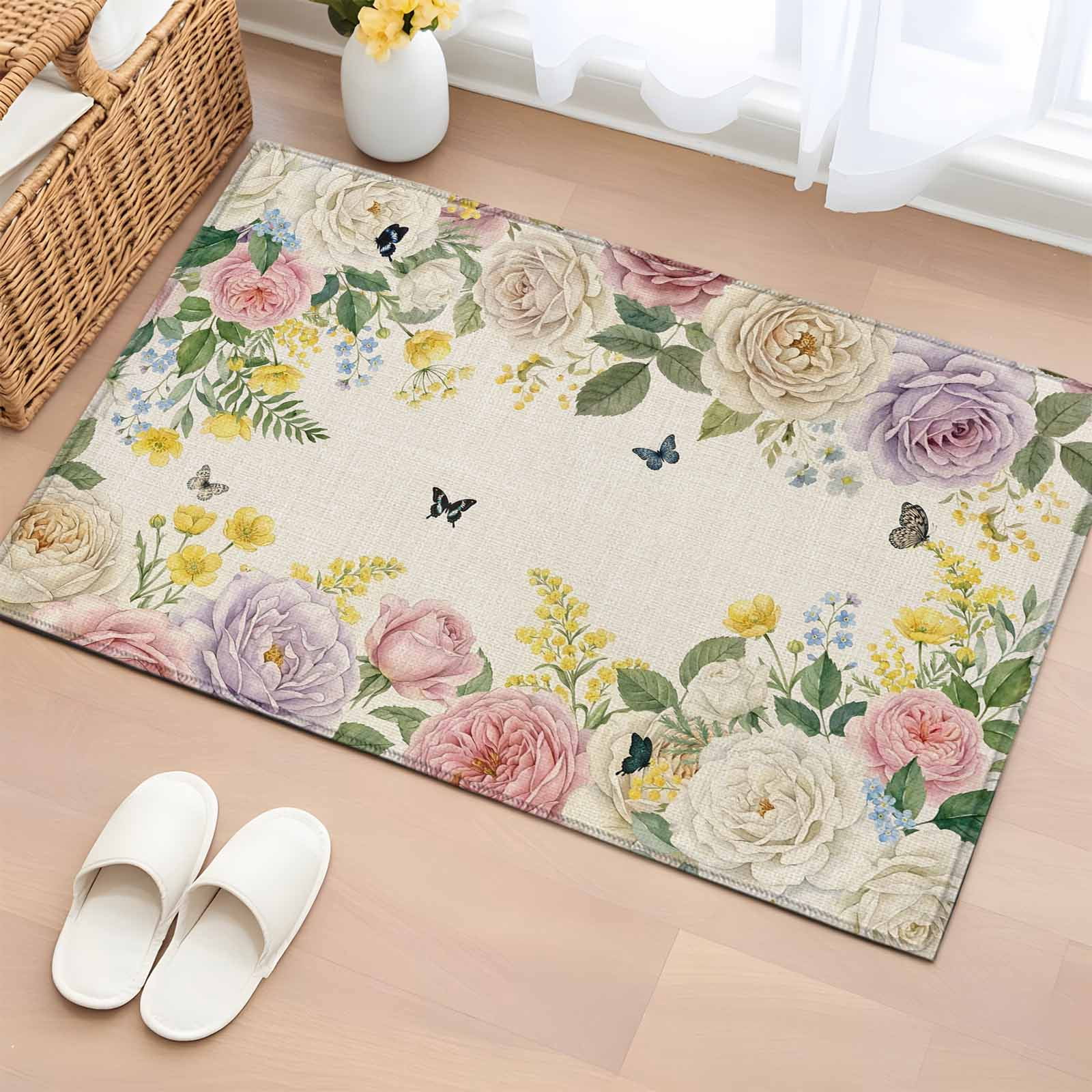 Area Rug 2 x 3 Ft, Pink White Flowers Indoor Accent Bathroom Rugs for ...