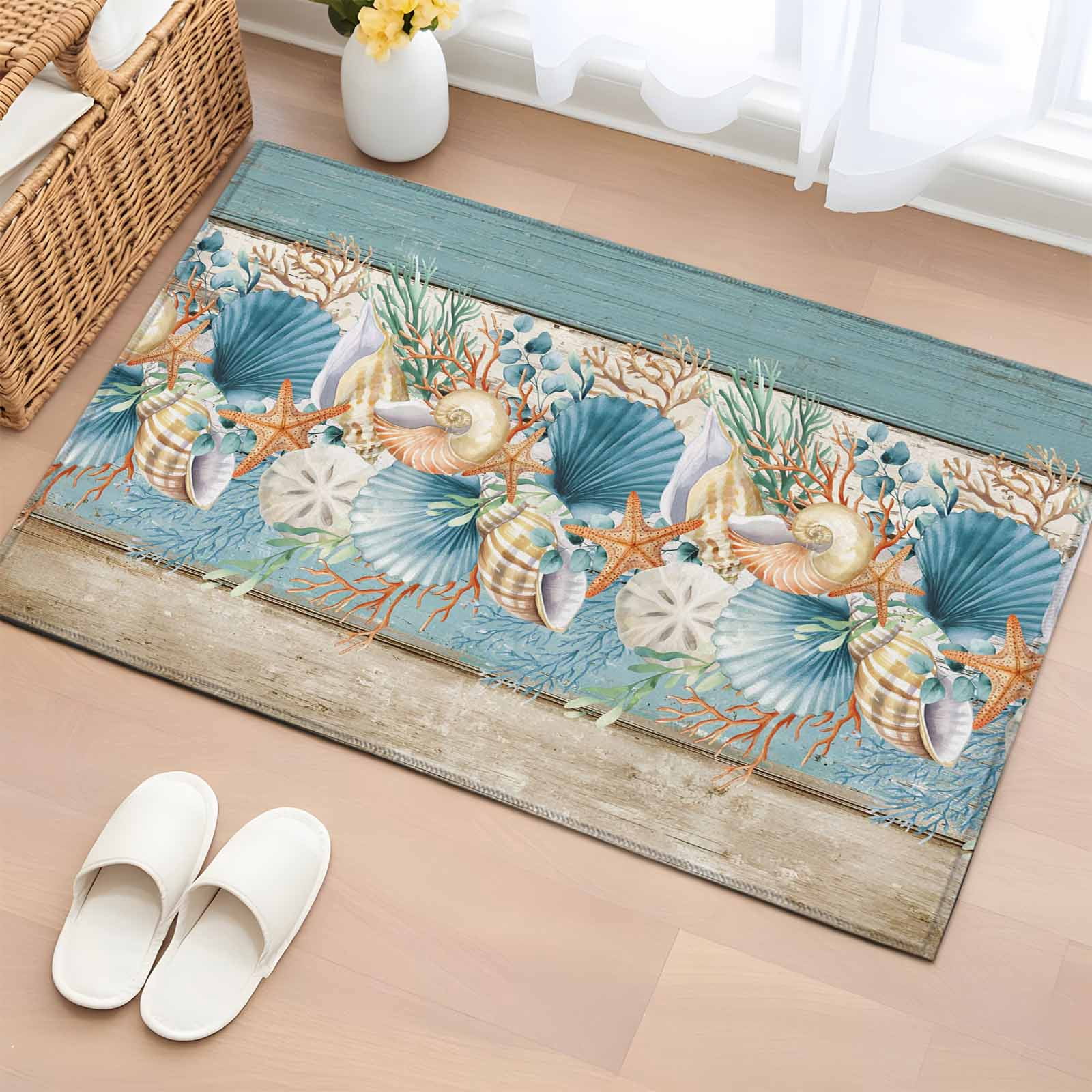 Area Rug 2 x 3 Ft, Teal Blue Brown Beach Coastal Indoor Accent Bathroom ...