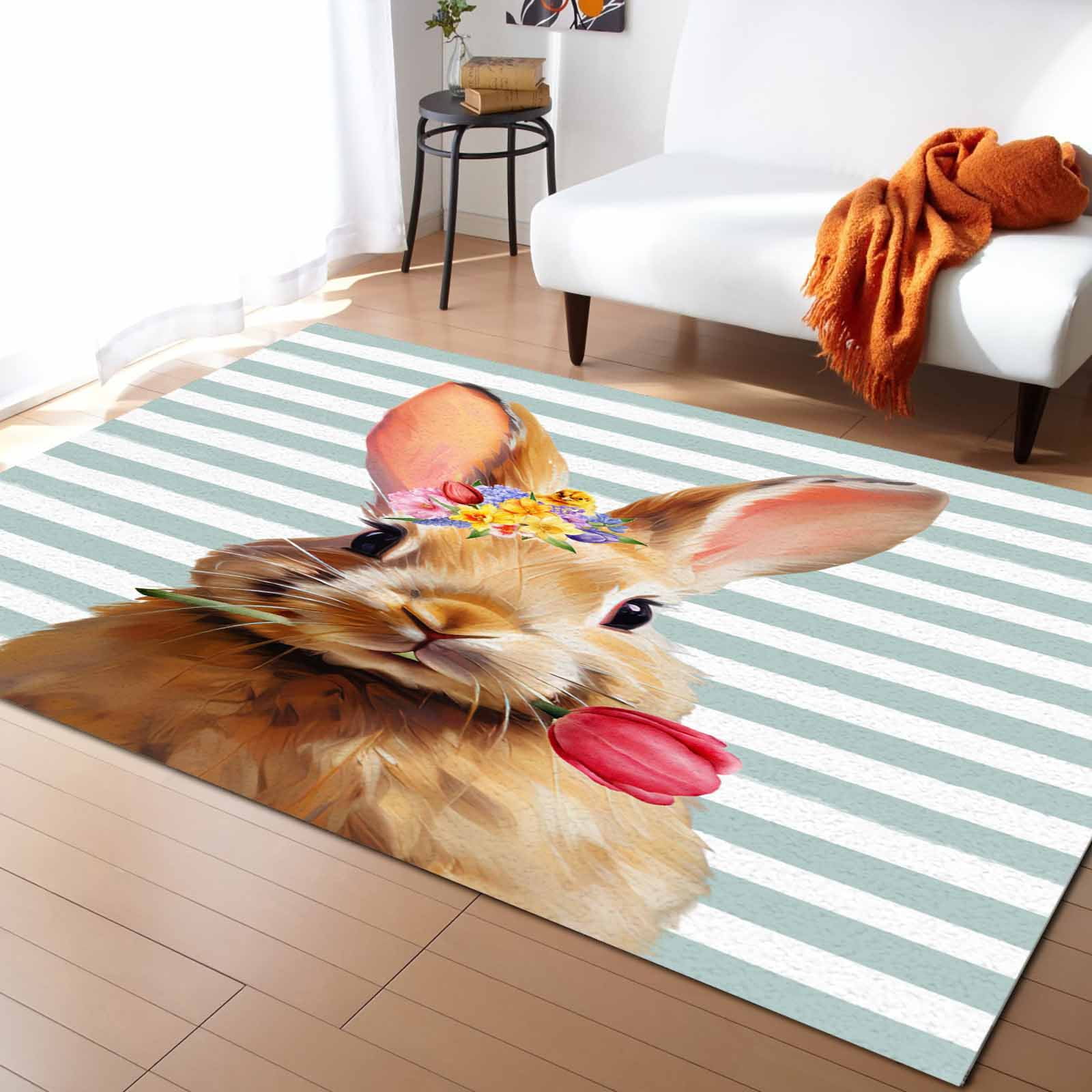 Area Rug 2'x3' Easter Bunny Rabbit with Tulip Sage Green Striped ...
