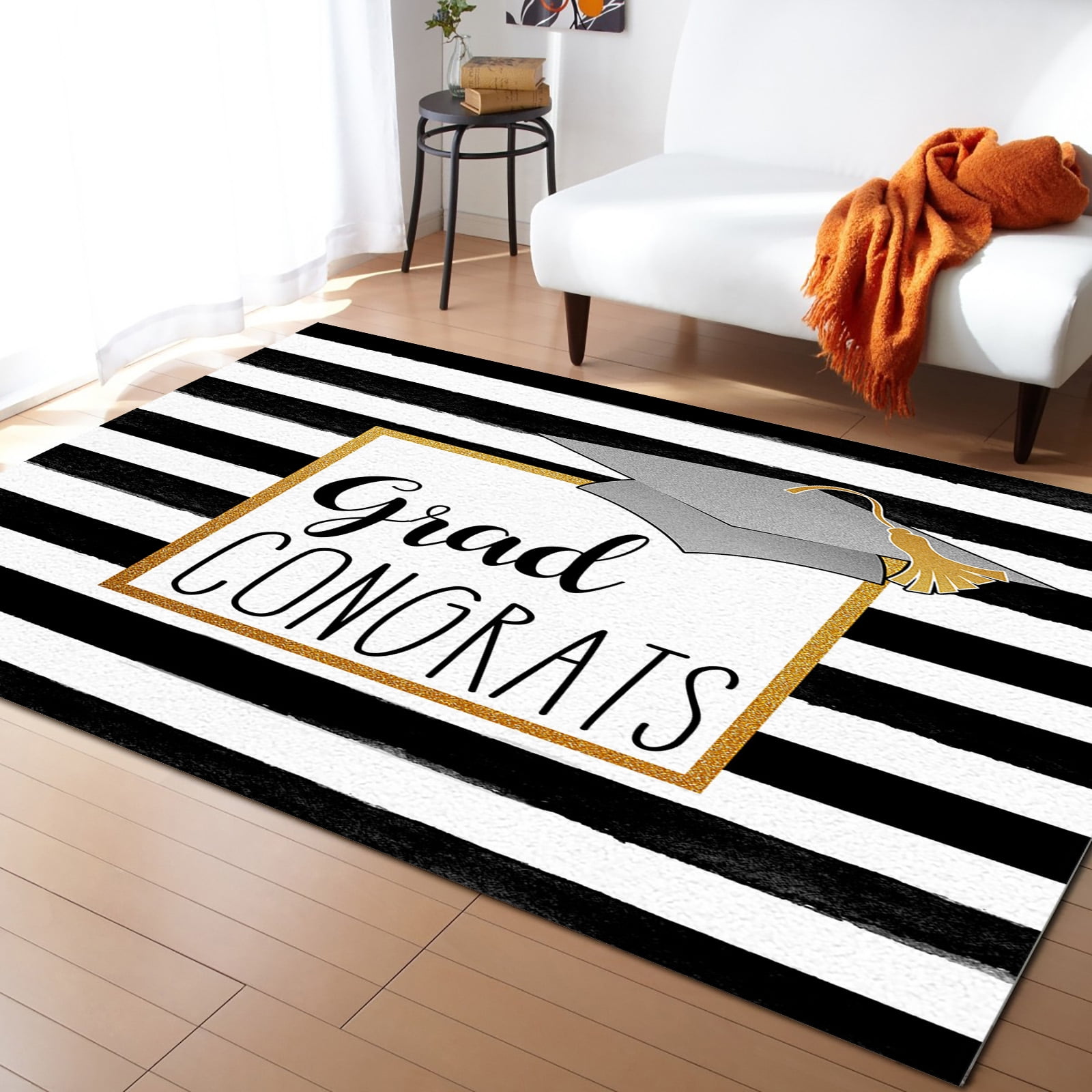 Area Rug 2'x3' Graduation Season Bachelor Cap Black White Stripes ...