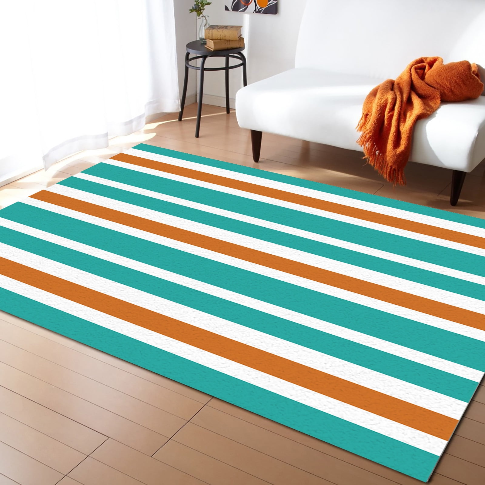 Area Rug 2'x3' Turquoise Orange White Stripe Washable Area Rugs Non ...