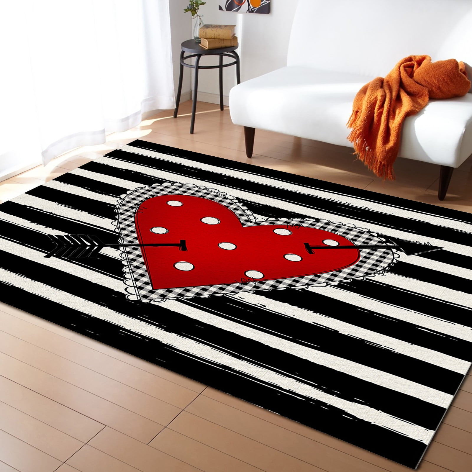 Area Rug 2'x3' Valentine's Day Red Love Heart Black White Stripe ...