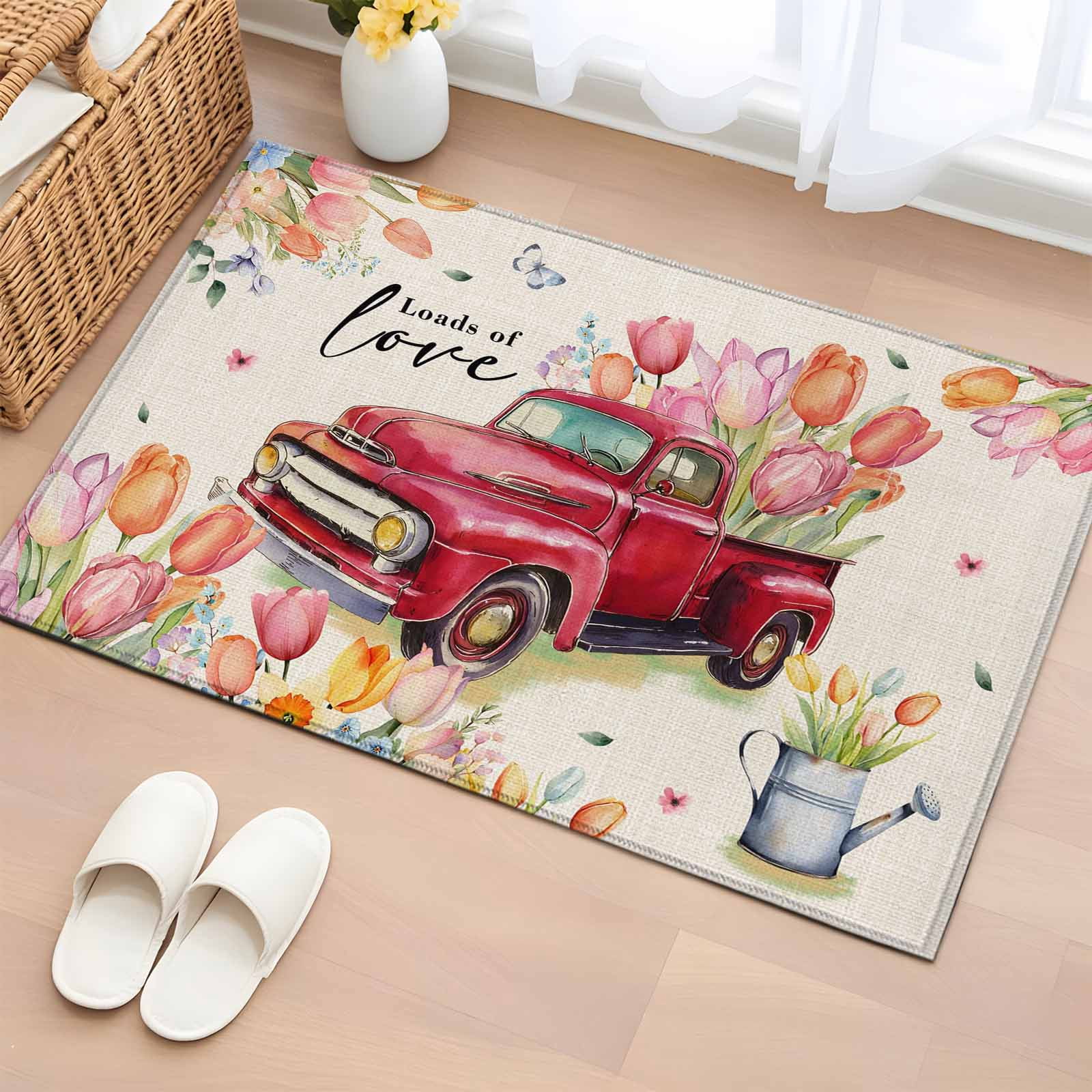 Area Rug 24×36in, Spring Flower Tulips Red Farm Truck Floor Carpet ...