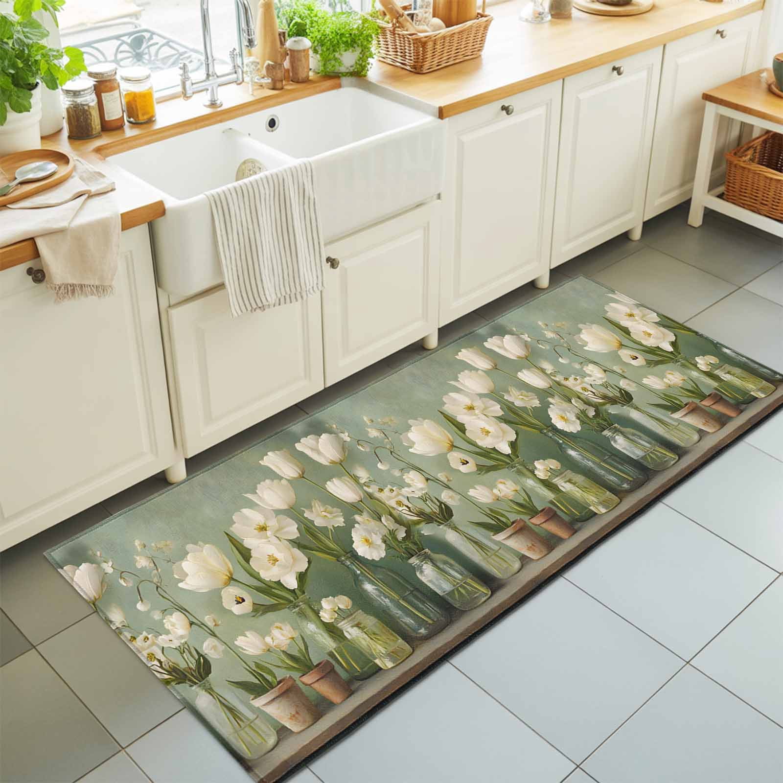 Area Rug 24×72in, Country White Floral Vintage Vase Floor Carpet Living ...