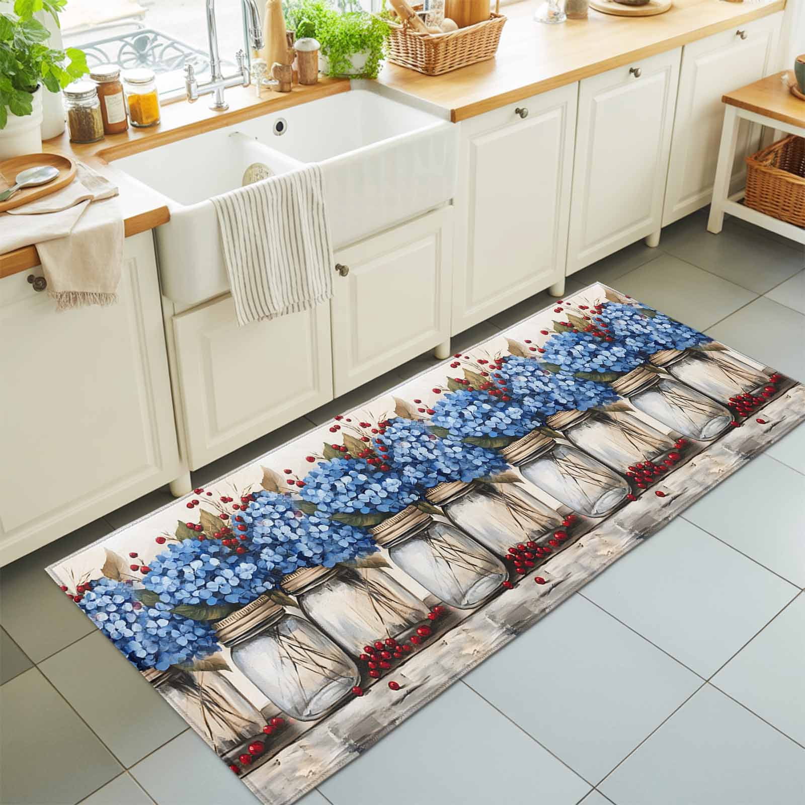Area Rug 24×72in, Gradient Blue Hydrangea Flower Floor Carpet Living ...