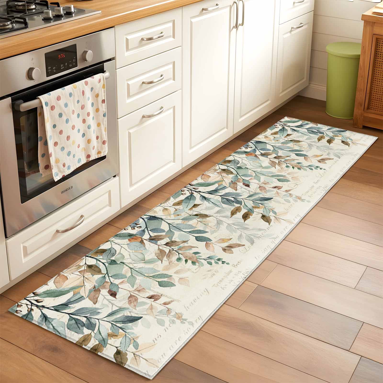 Area Rug 24×72in, Green Leaves Watercolor Botanical Country Pastoral ...
