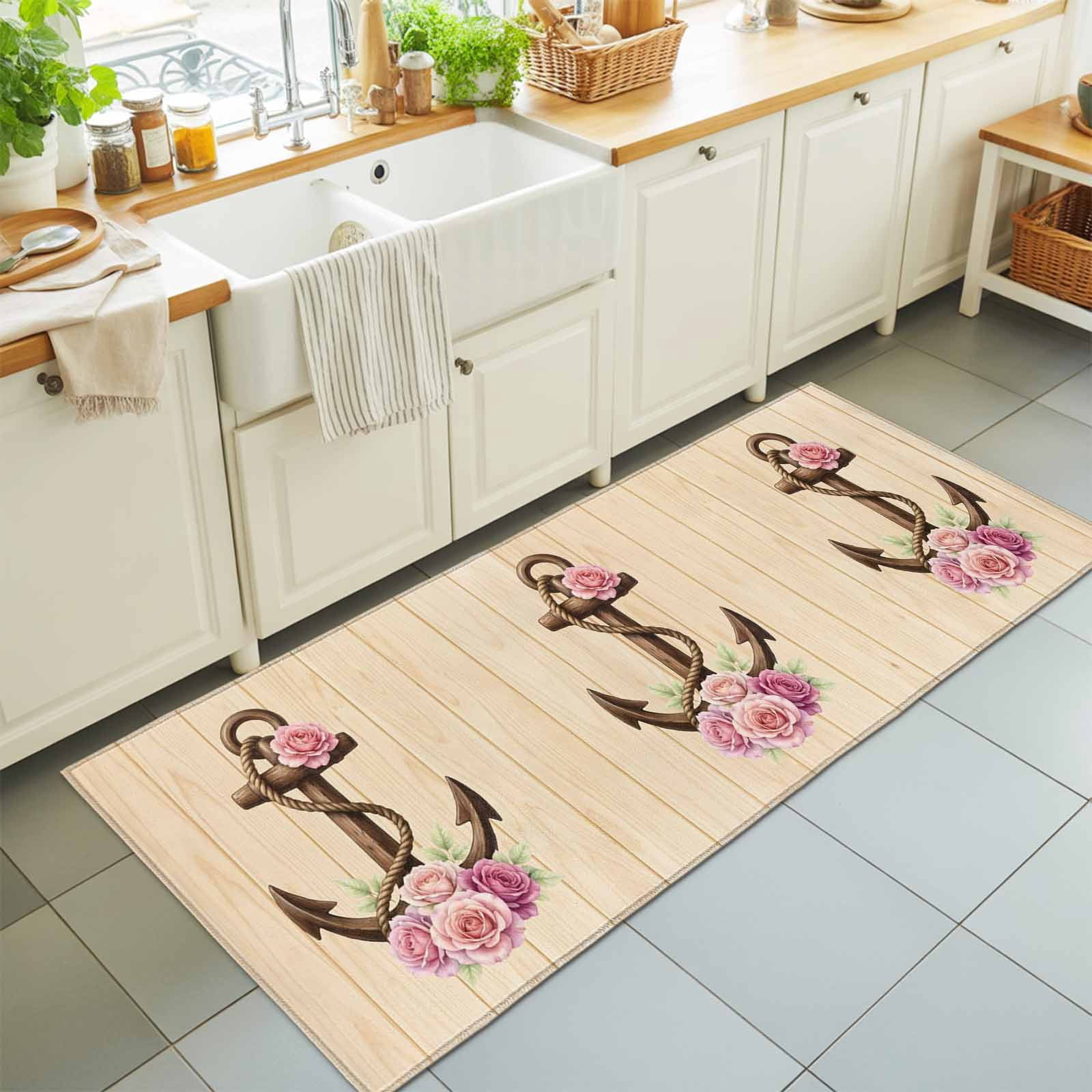 Area Rug 24×72in, Retro Nautical Anchor Pink Rose Floor Carpet Living ...