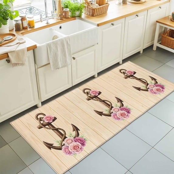 Area Rug 24×72in, Retro Nautical Anchor Pink Rose Floor Carpet Living ...