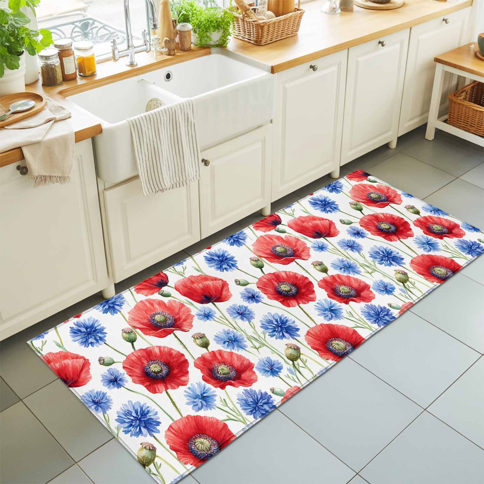 Area Rug 24×72in, Summer Poppy Blue Flower Floor Carpet Living Room Rug ...