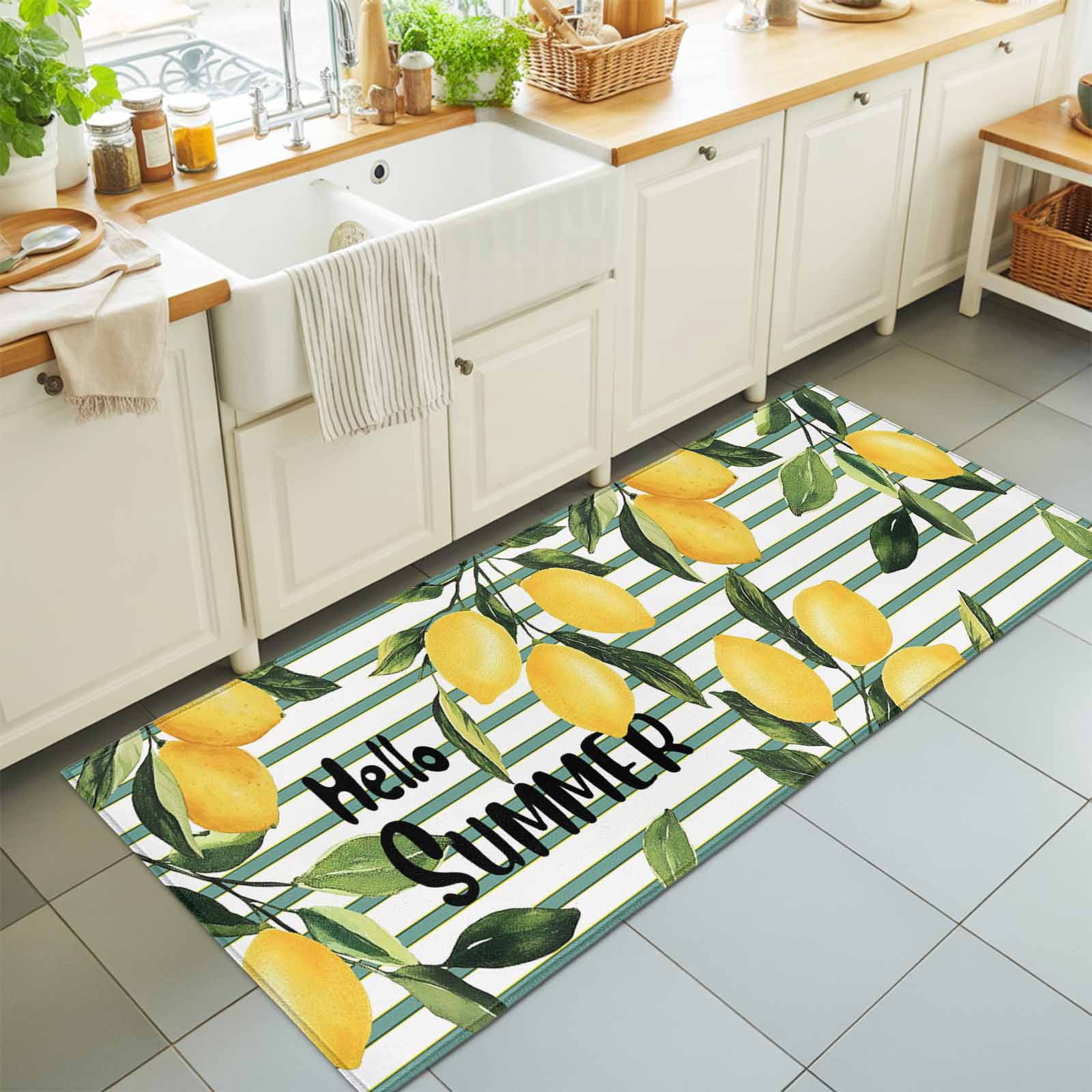 Area Rug 24×72in, Summer Yellow Lemon Leaf on Striped Floor Carpet ...