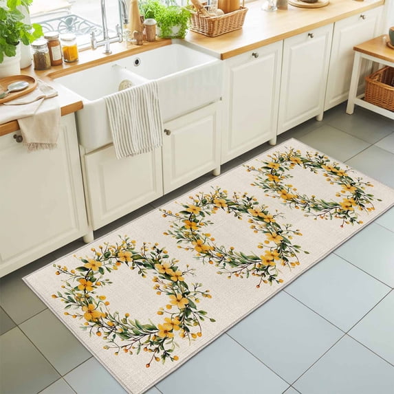 Area Rug 24×72in, Watercolor Yellow Flower on Vintage Linen Floor ...