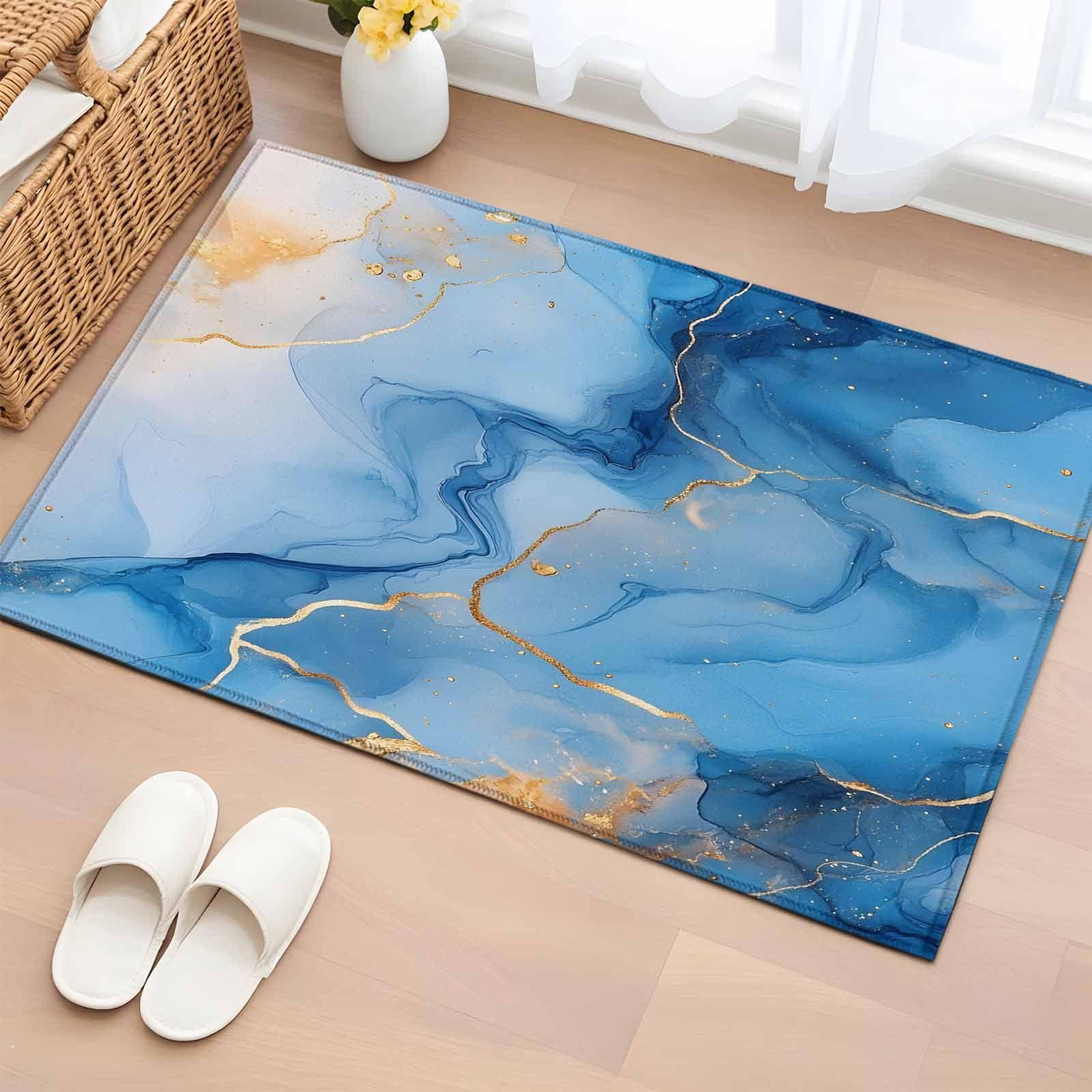 Area Rug 2x3ft Blue Gradient Marble Gold Foil Area Rugs Washable Low ...