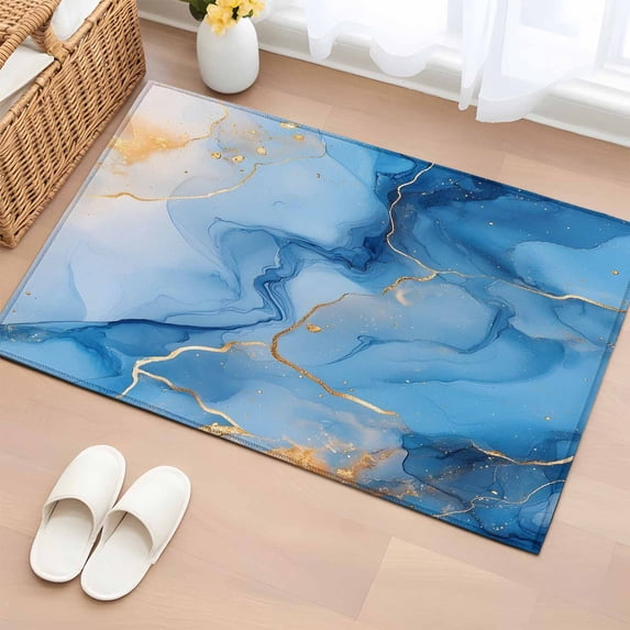 Area Rug 2x3ft Blue Gradient Marble Gold Foil Area Rugs Washable Low ...