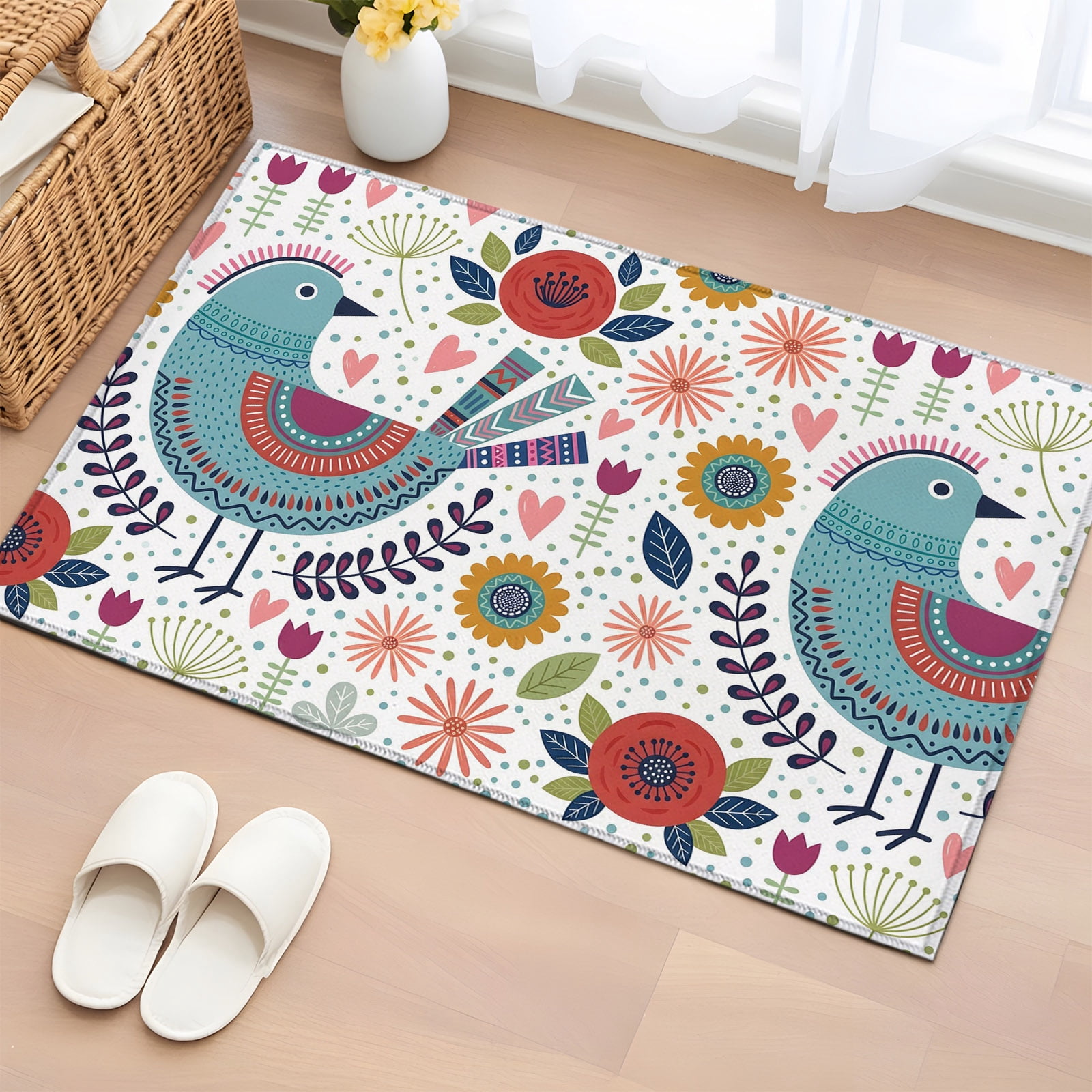 Area Rug 2x3ft, Cartoon Bird Wild Flower Leaves Washable Rugs for ...