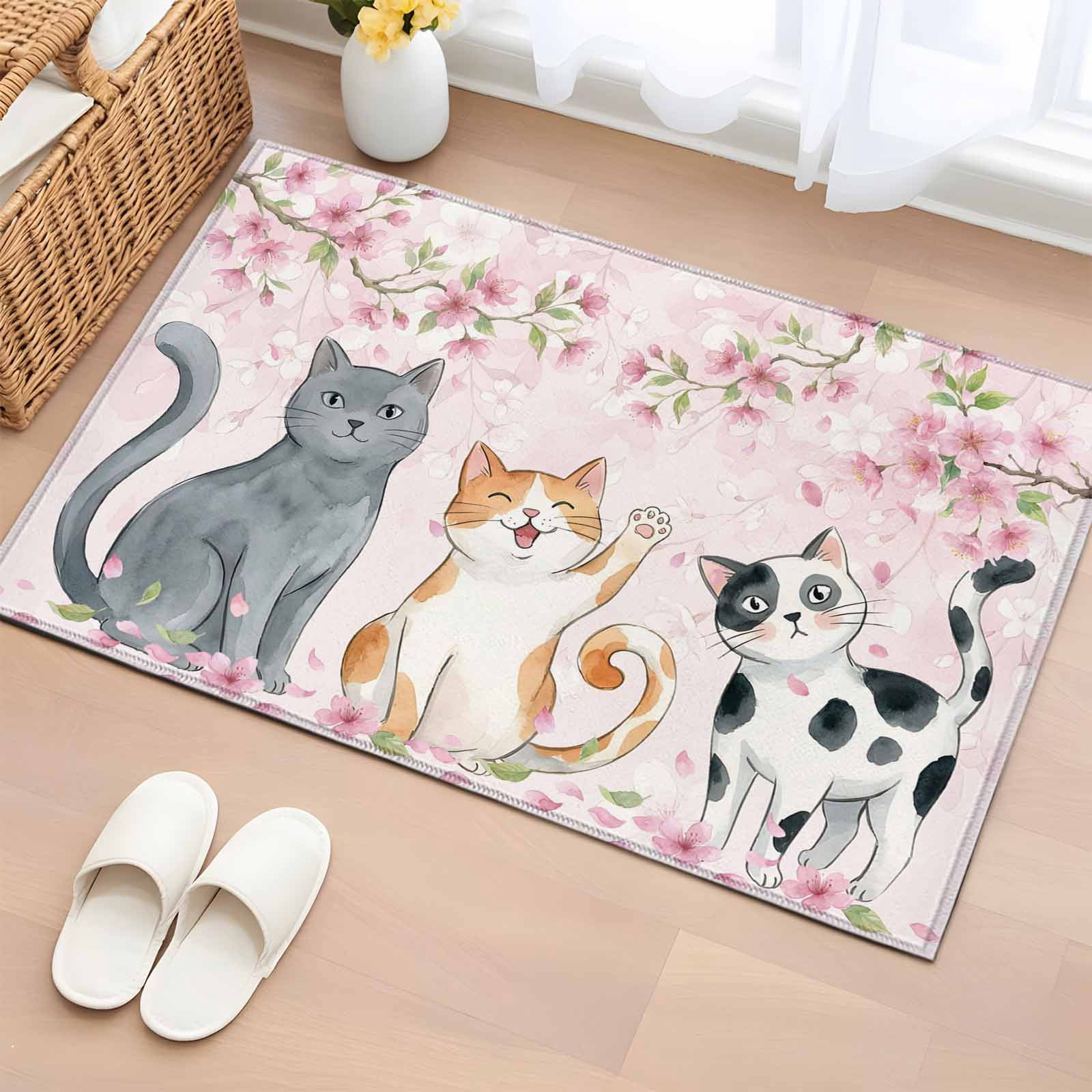 Area Rug 2x3ft, Cute Cats Pink Cherry Blossom Branches Washable Rugs ...