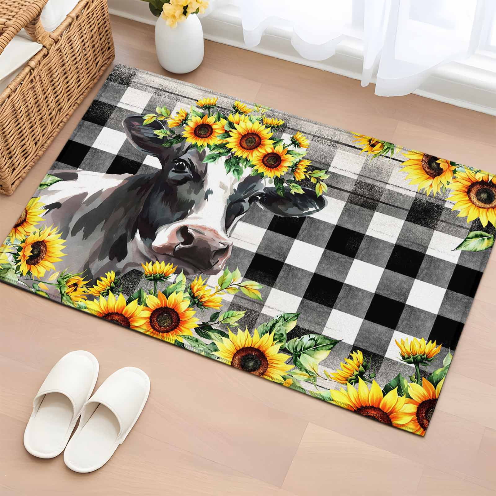 Area Rug 2x3ft Farm Cow Watercolor Yellow Sunflower Area Rugs Washable ...
