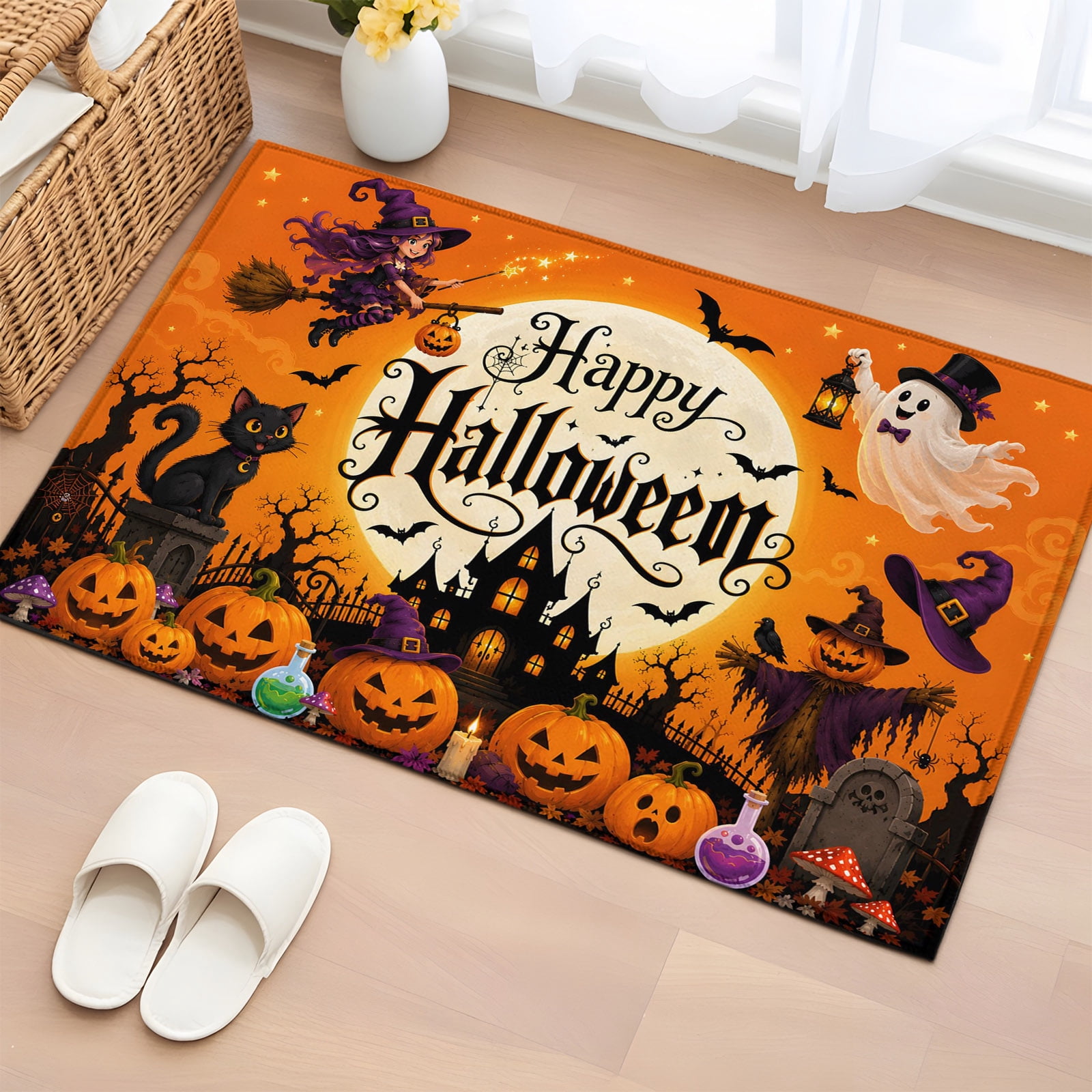 Area Rug 2x3ft, Happy Halloween Text Witch Flying Washable Rugs for ...