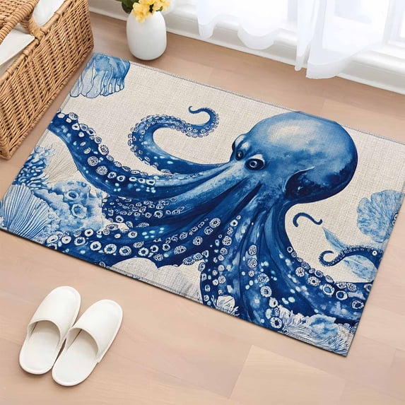 Area Rug 2x3ft Navy Blue Octopus on Vintage Linen Area Rugs Washable ...