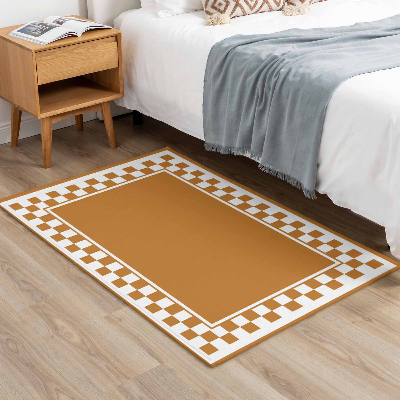 Area Rug 2x3ft Ochre Brown Checker Frame Low Pile Washable Rug Soft ...