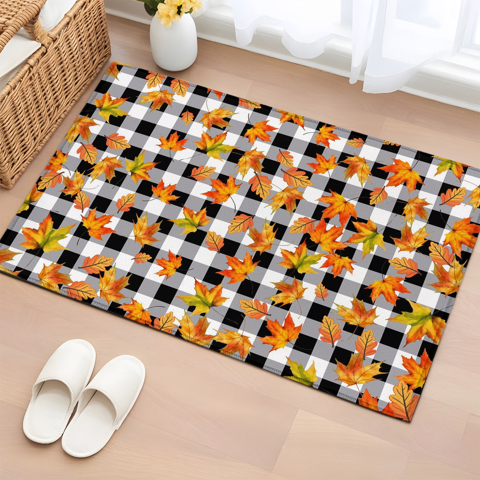 Area Rug 2x3ft, Orange Maple Leaf Thanksgiving Black Buffalo Check ...