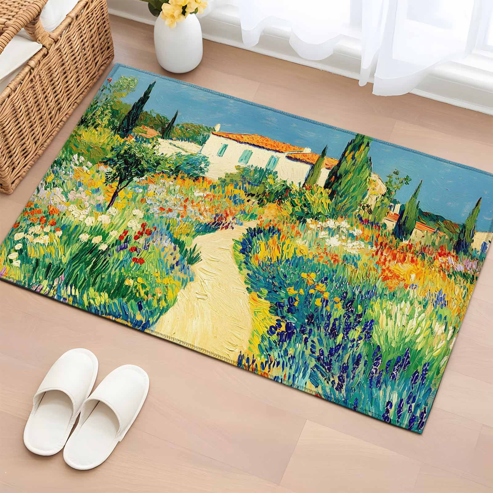 Area Rug 2x3ft, Pastoral Floral Pink Yellow Flower Green Leaves ...