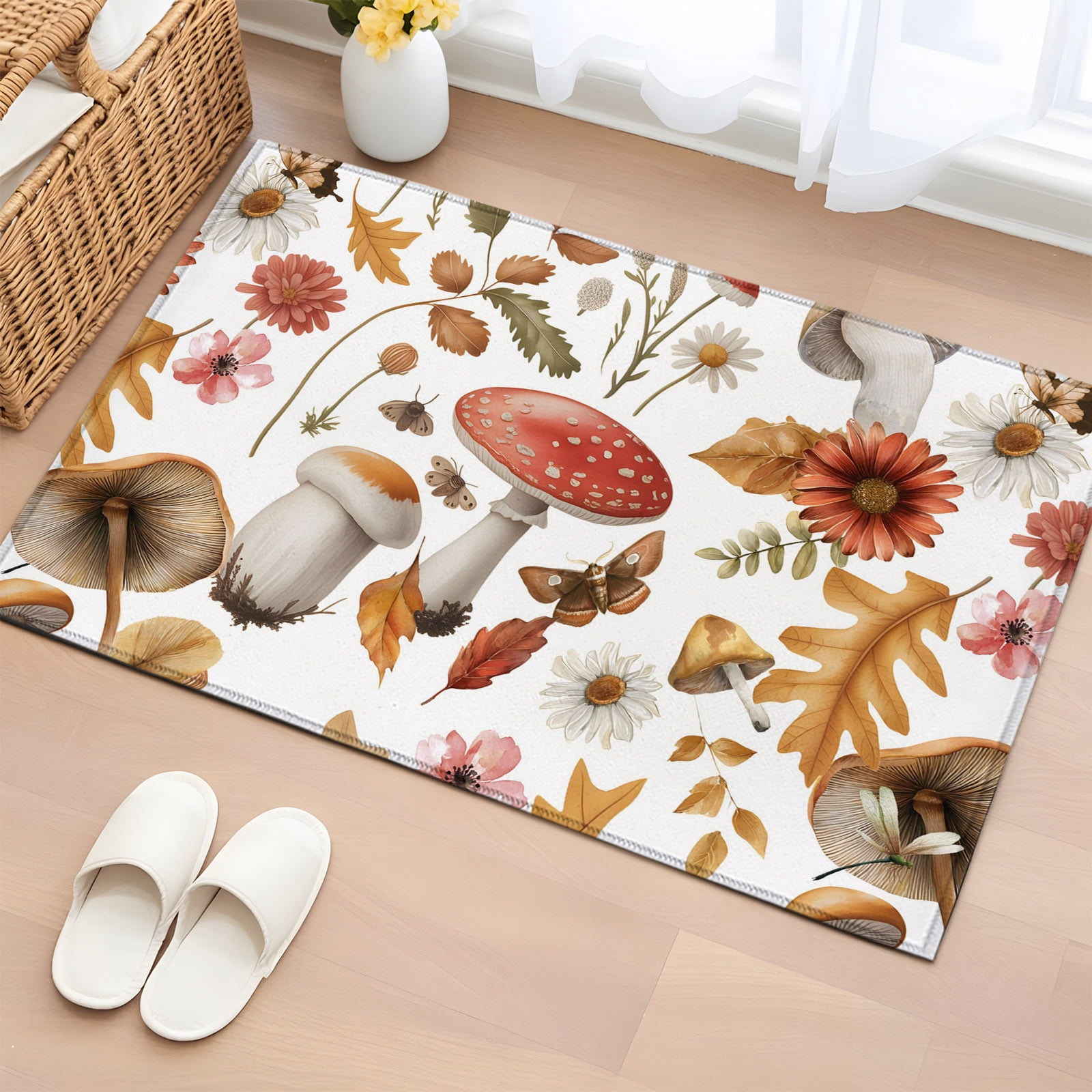 Area Rug 2x3ft, Rustic Autumn Mushroom Floral Leaf Washable Rugs for ...
