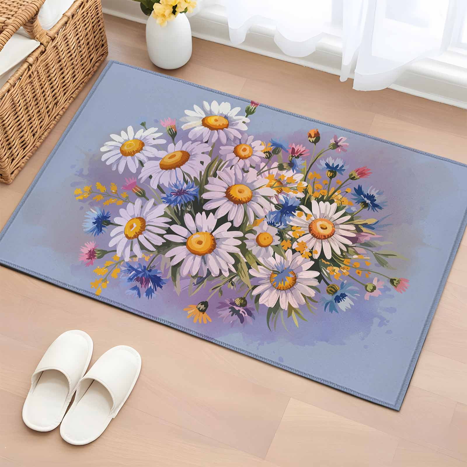Area Rug 2x3ft, Summer Daisy Sketch Floral Art Washable Rugs for Living ...