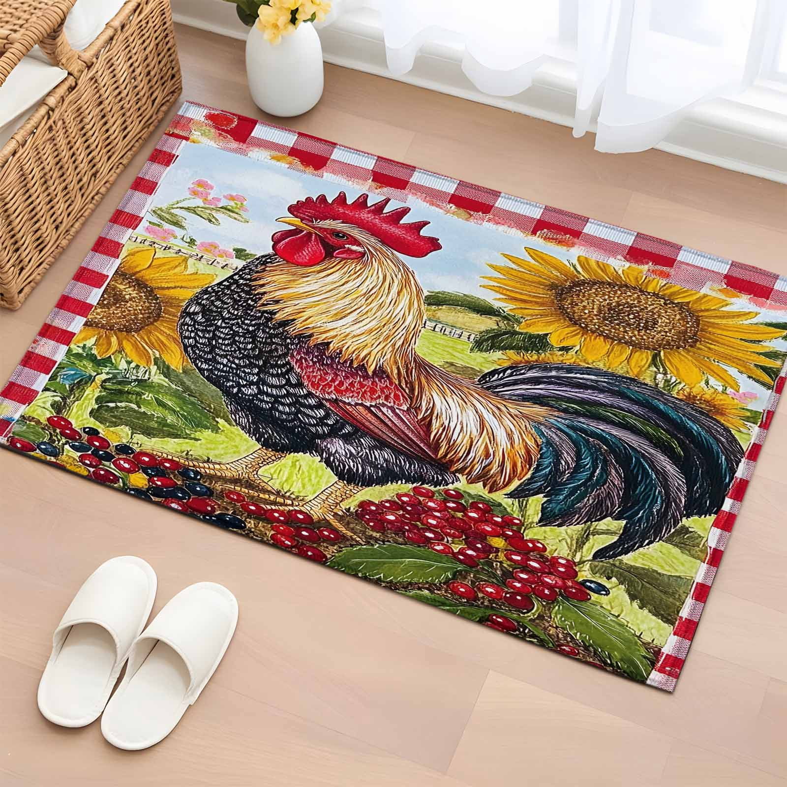 Area Rug 2x3ft, Vintage Farm Rooster Sunflowers Washable Rugs for ...