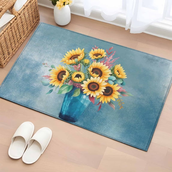 Area Rug 2x3ft, Vintage Yellow Blooming Sunflower Vase Floral Art ...