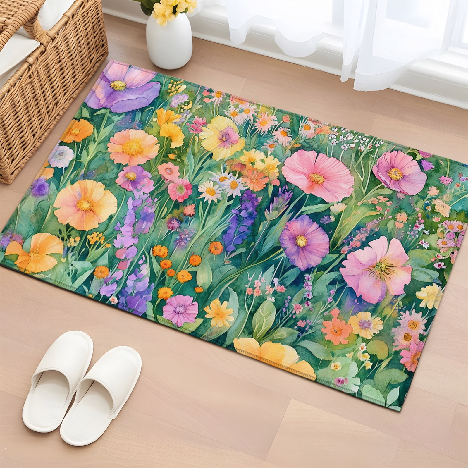 Area Rug 2x3ft, Watercolor Garden Wildflowers Washable Rugs for Living ...