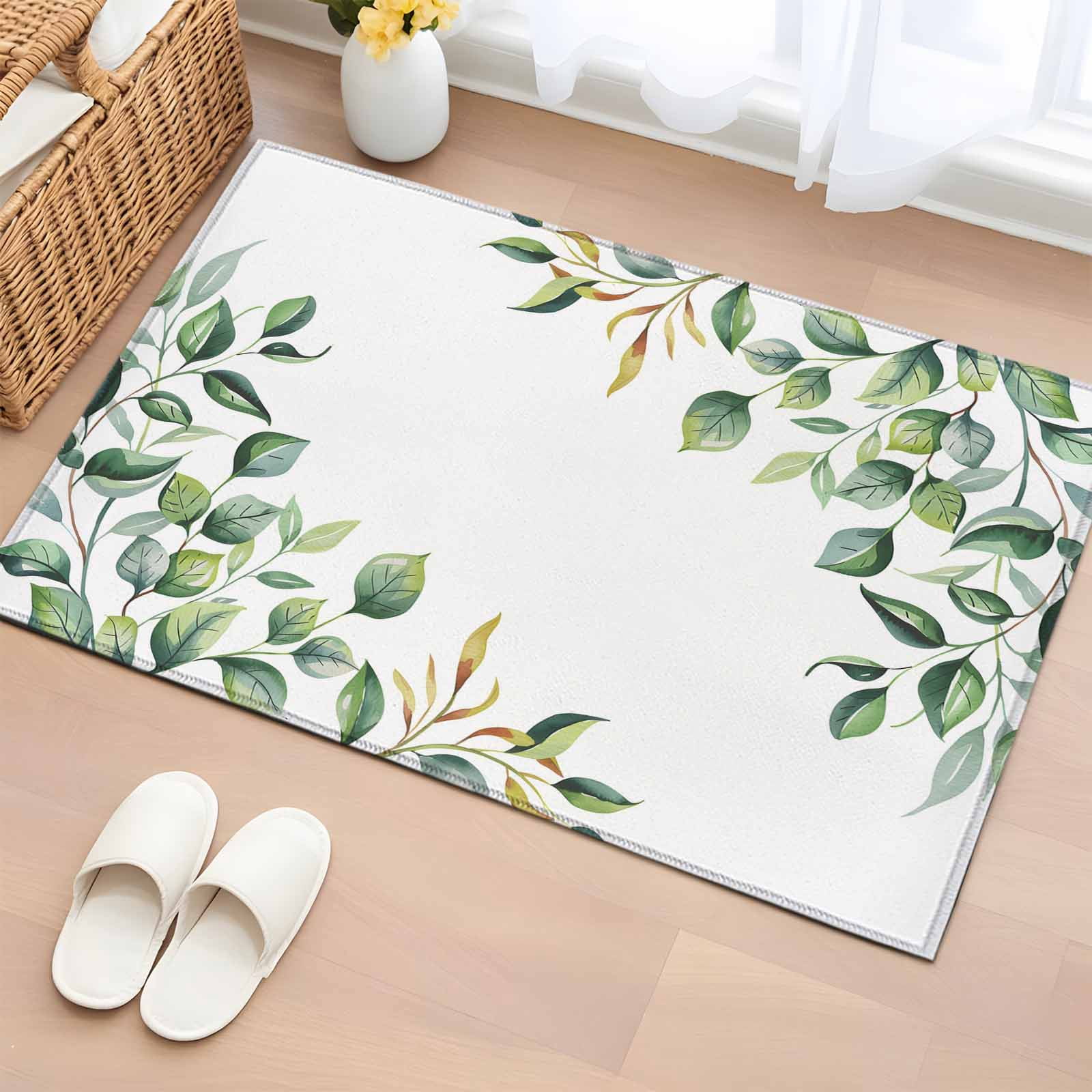 Area Rug 2x3ft Watercolor Green Leaves on White Area Rugs Washable Low ...