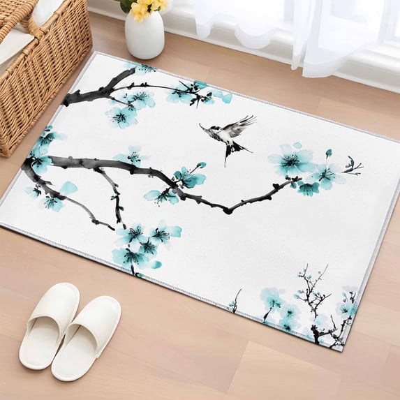 Area Rug 2x3ft Watercolor Teal Cherry Blossoms Area Rugs Washable Low ...