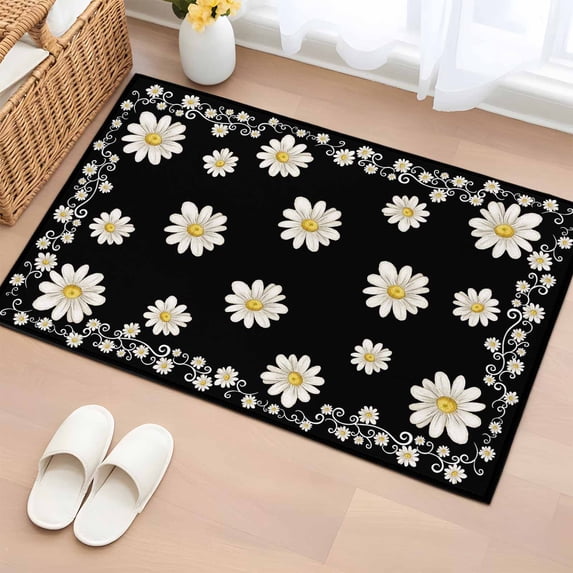 Area Rug 2x3ft White Daisy Flower on Black Area Rugs Washable Low Pile ...
